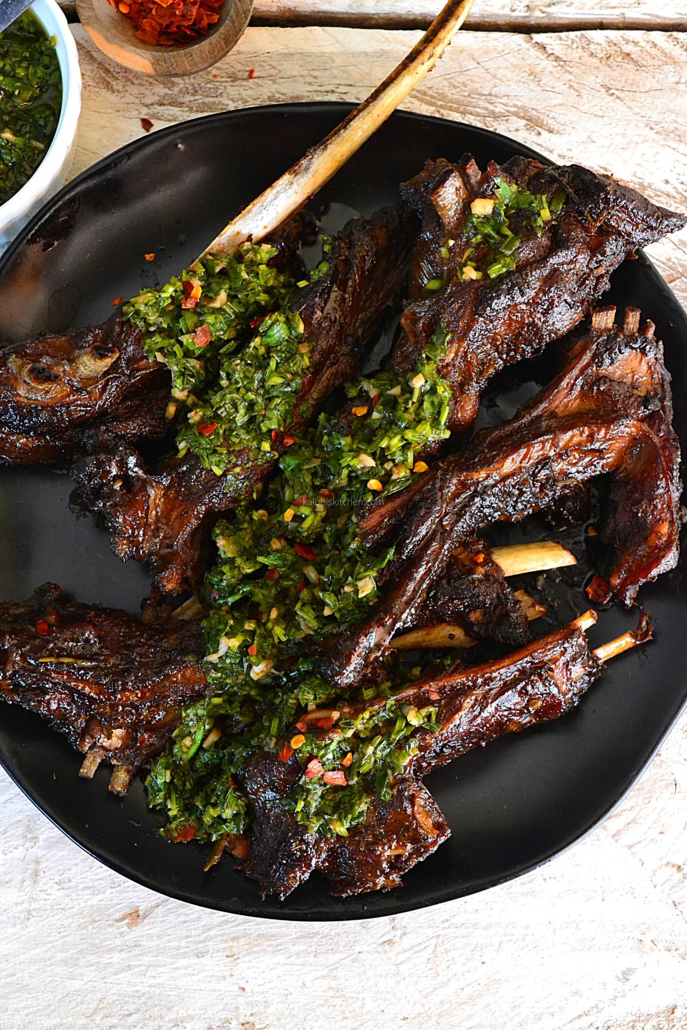 Green Apple Marinated Braised Mbuzi Ribs with Chimichuri