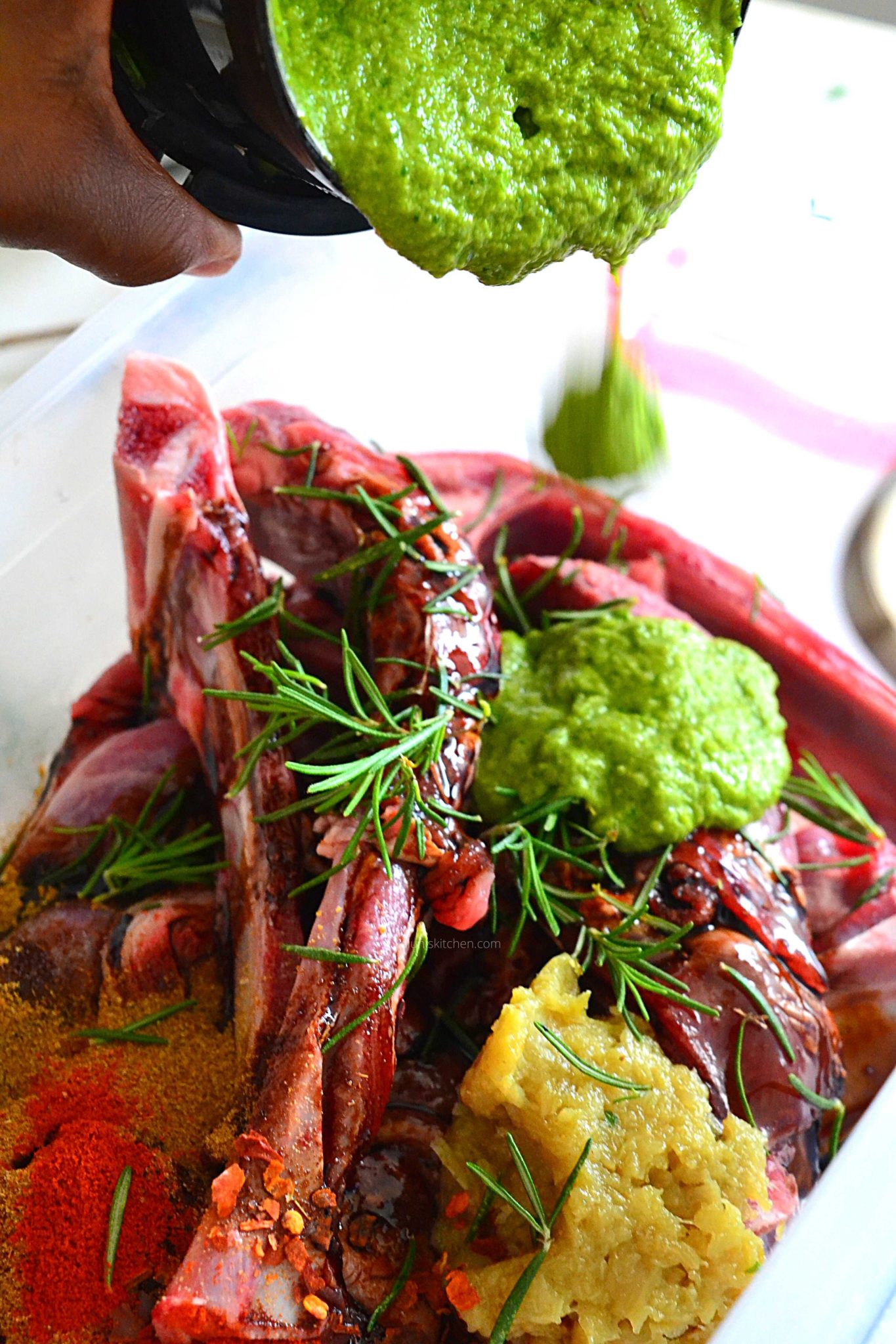 Green Apple Marinated Braised Mbuzi Ribs with Chimichuri