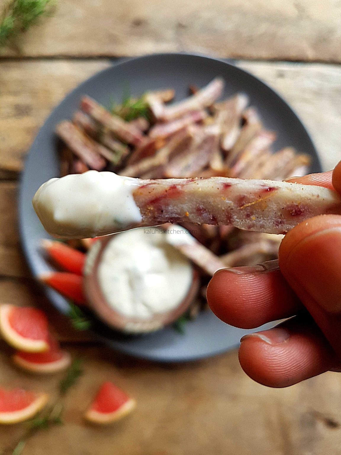 Cumin Nduma Fries with Roasted Garlic & Grapefruit Aioli