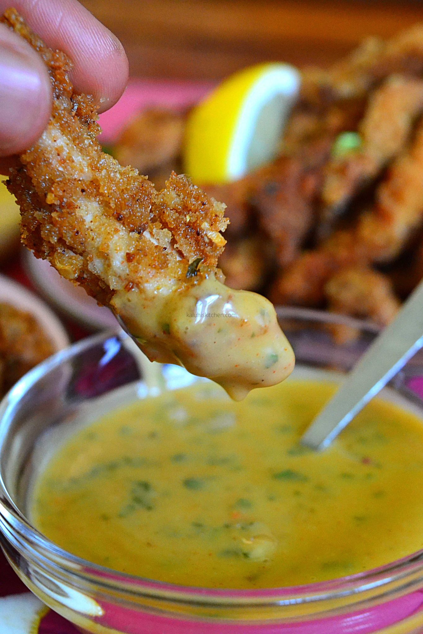 Ginger Thyme Chicken Fingers with Sweet Chili Mustard Dip